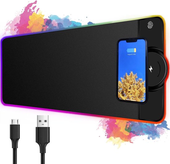Grote RGB gaming muismat XXL 800x300 met draadloze oplader - Qi ...