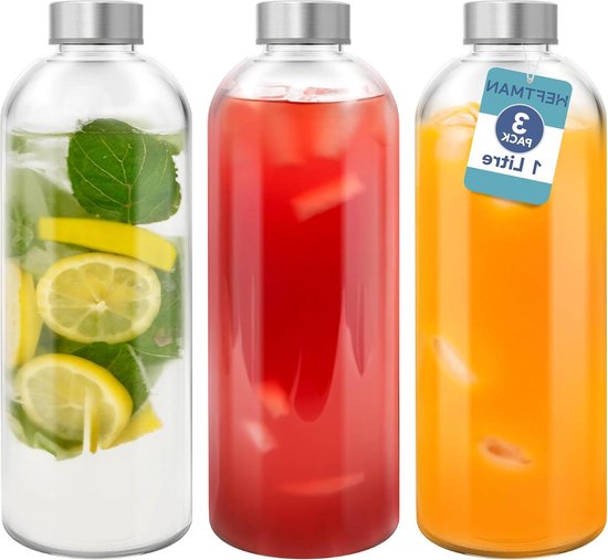 Glazen waterfles van 1 liter - set van 3 lege flessen met deksel | bol