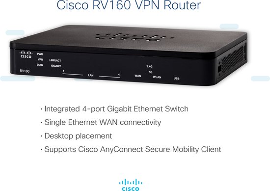 Cisco RV160 VPN Router bedrade router Gigabit Ethernet Zwart, Grijs | bol