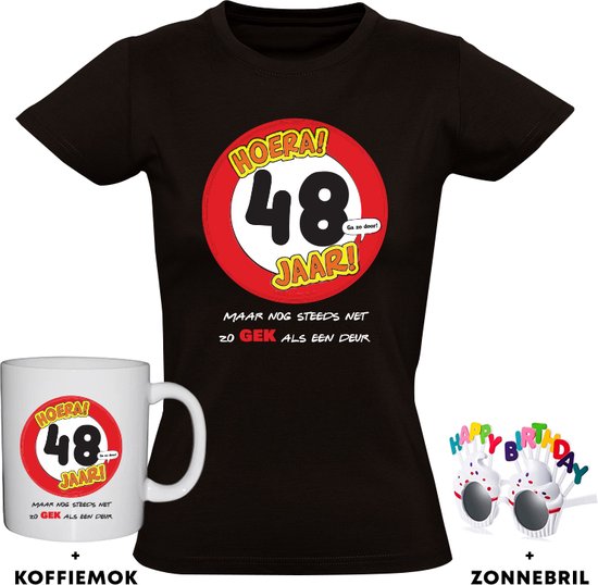 Hoera 48 jaar Dames T-shirt + Koffiemok + Happy birthday bril - 48e ...