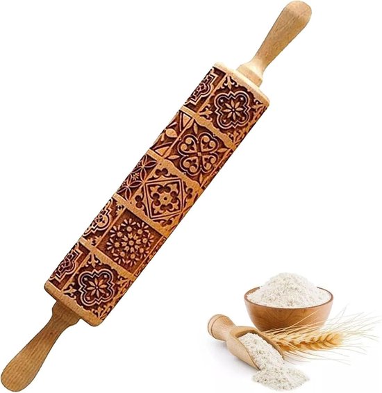 Nordivar ® Houten Deegroller met Gegraveerd 3D-Patroon voor Decoratief ...