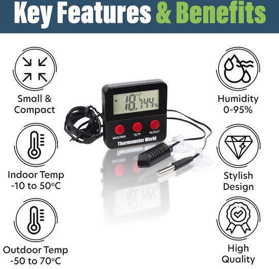 Digitale Terrarium Thermometer en Hygrometer met Afstandsmeting voor ...