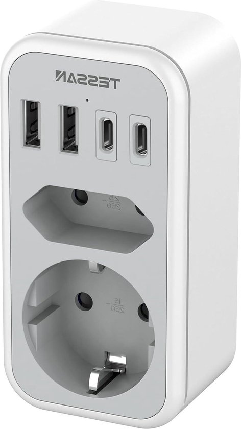6 in 1 Stopcontactadapter met 2 USB C en 2 USB A - Meervoudige Stekker ...