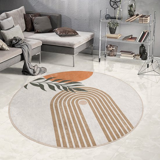 Abstract Boho Gebied Rond Tapijt| Beige Halve Cirkel en Planten Beige ...