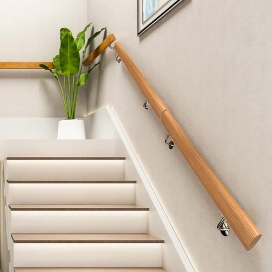100 cm houten trapleuning met roestvrijstalen houder en eindstuk ...