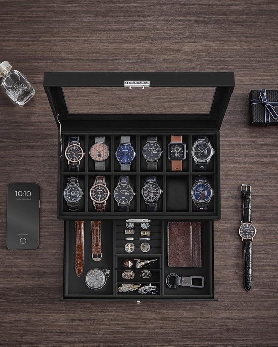 Horlogedoos met glazen deksel voor 12 horloges en 1 lade - Afsluitbare ...