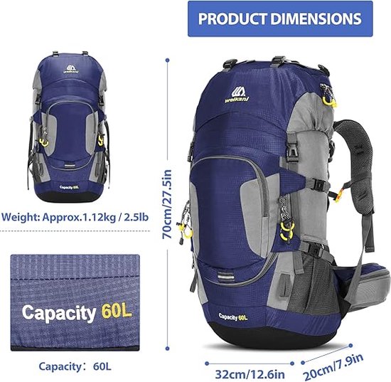 Backpacking Rugzak Trekking Rugzak 60L Heren Dames Wandelrugzak ...