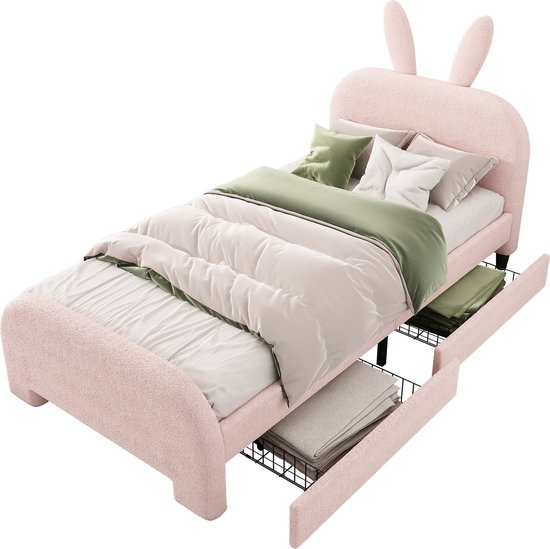 Merax 90x200 cm Kinderbed – Fluwelen Bed met Konijnen Oren Hoofdbord en ...