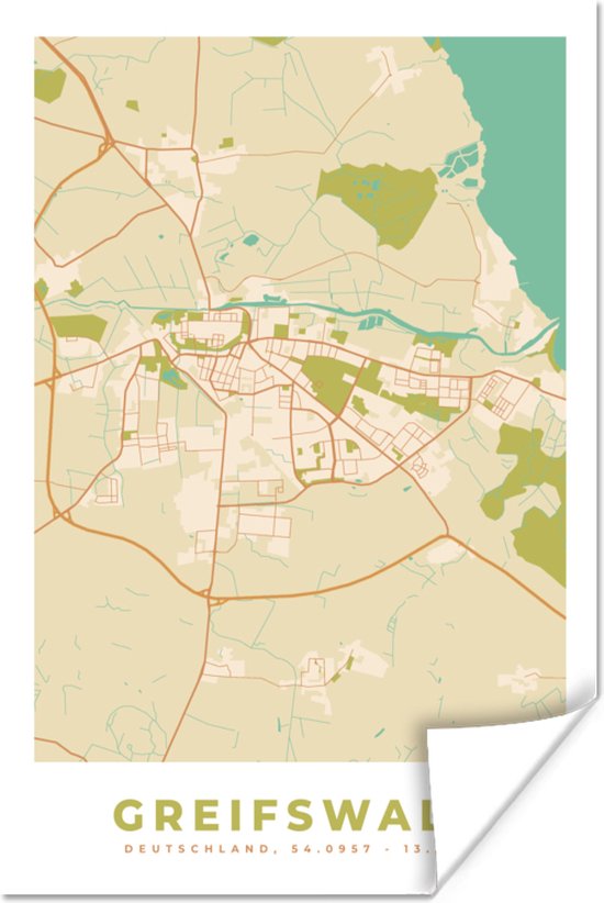 Poster Greifswald - Vintage - Kaart - Stadskaart - Plattegrond - 60x90 ...