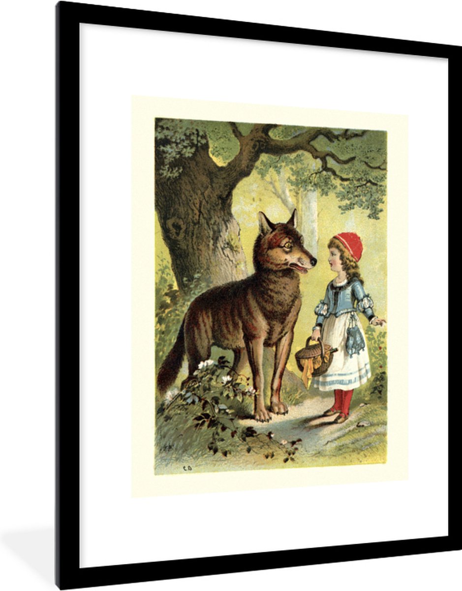 Fotolijst incl. Poster - Een vintage tekening van roodkapje en de boze ...