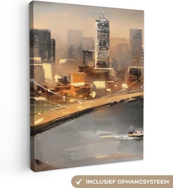 Canvas - Schilderij - Oil painting - Skyline - Stad - Water - 60x80 cm ...