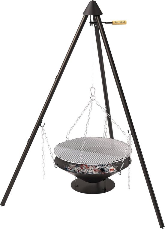 Draagbare barbecue met driepoot van hout en draagtas - 60x60x166cm | bol