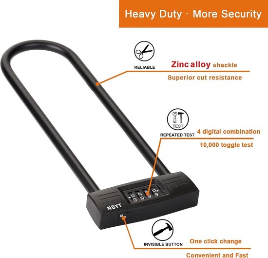 Fietsslot Combinatieslot - Resetbaar U-slot voor Fiets, Motorfiets en ...