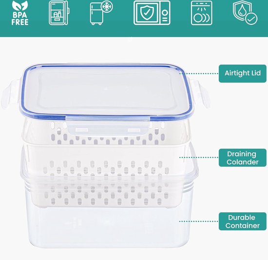 Fresh Produce Saver Storage Containers with Drain Baskets - Reusable ...