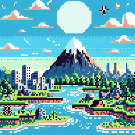 Pixel art landschap schilderij | Digitale pixels vormen een betoverend ...