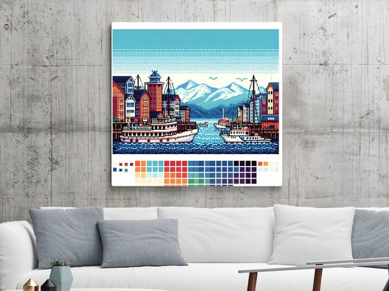 Pixel art haven schilderij | Haven van pixels: een kunstwerk dat tot ...