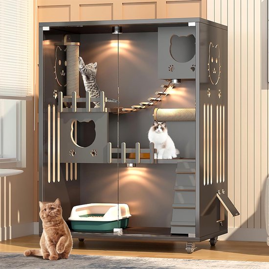 Groot Kattenhuis Houten Kattenvilla - Waterdicht met ledlamp - 90 x 60 ...