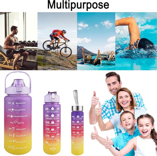 Waterflessen, 2 l/0,75 l/0,28 l, sportdrinkfles met tijdmarkering, BPA ...