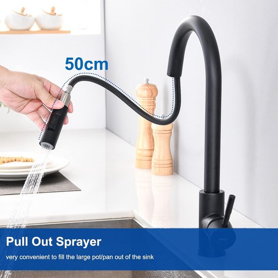 Kraan voor de keuken, zwart, hogedruk keukenkraan, uittrekbaar, 360 graden draaibaar,... | bol