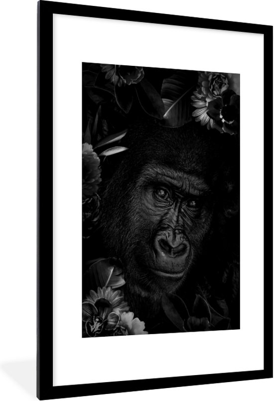 Fotolijst incl. Poster Zwart Wit- Botanische aap op zwarte achtergrond ...