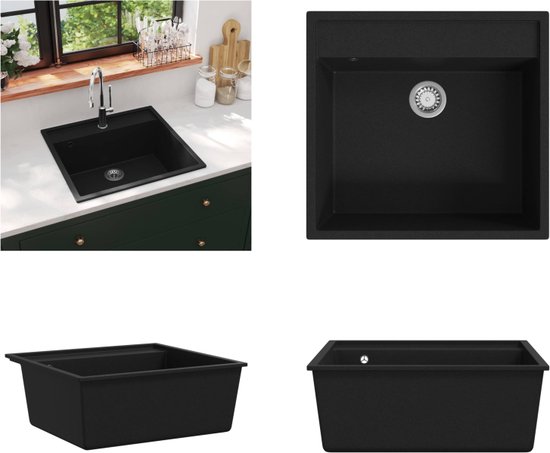 vidaXL Gootsteen met overloopgat graniet zwart - Spoelbak - Spoelbakken ...