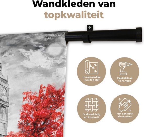 Wandkleed - Wanddoek - Schilderij - Big Ben - Rood - Paraplu - 90x90 cm ...