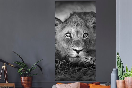 Muurstickers - Sticker Folie - Wilde dieren - Leeuw - Natuur - Zwart - Wit - 80x160 cm... | bol