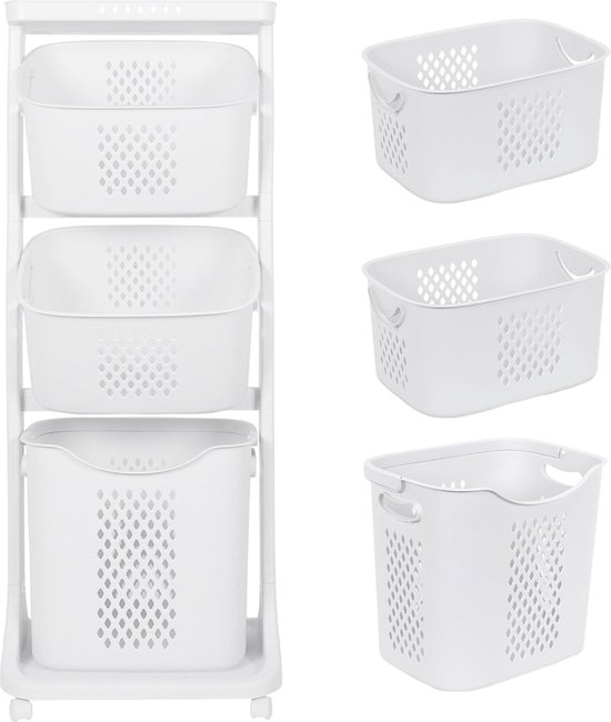 Wasmand 3 Vakken - Wit - Wasmand met Wieltjes - Wassorteerder met Drie ...