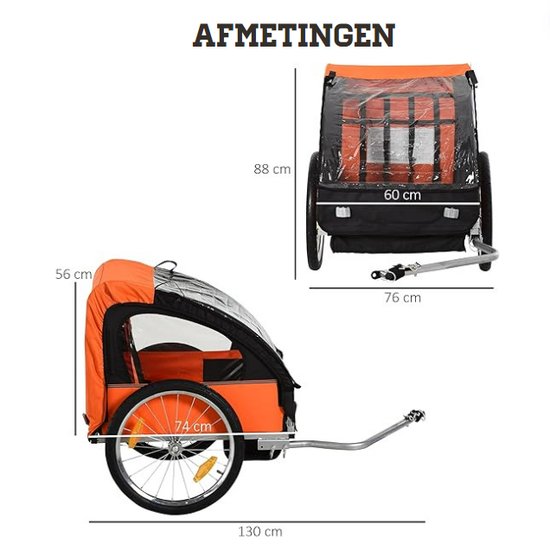 Fietskar Voor 2 Kinderen - Regenwerende Kinderfietskar Met 40 kg ...
