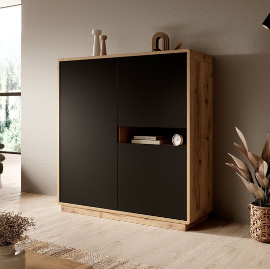 Meubella - Opbergkast Acuna - Mat zwart - Eiken - 121 cm | bol