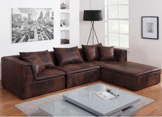 Modulaire zitbank van microvezel effect lived-in leer DALLAS - Bruin L ...