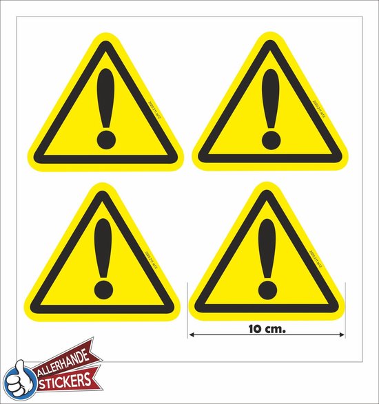 Gevaar sticker, uitroep teken geel zwart 10 cm. set van 4 stuks | bol.com