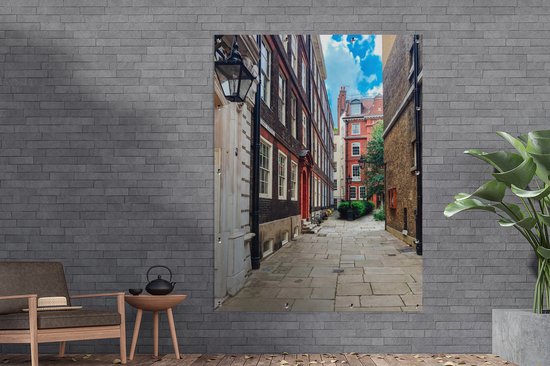 Muurdecoratie buiten Smal steegje in de Engelse hoofdstad Londen ...