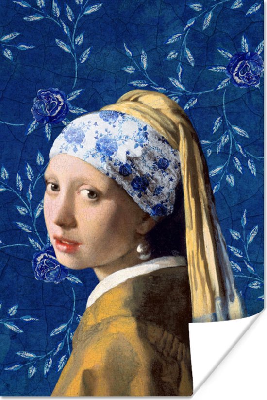 Poster Meisje met de parel - Delfts blauw - Vermeer - Bloemen ...