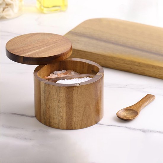 Wood Salt Box, Salt Container with Swivel Lid, Built-In Spoon Pot for ...