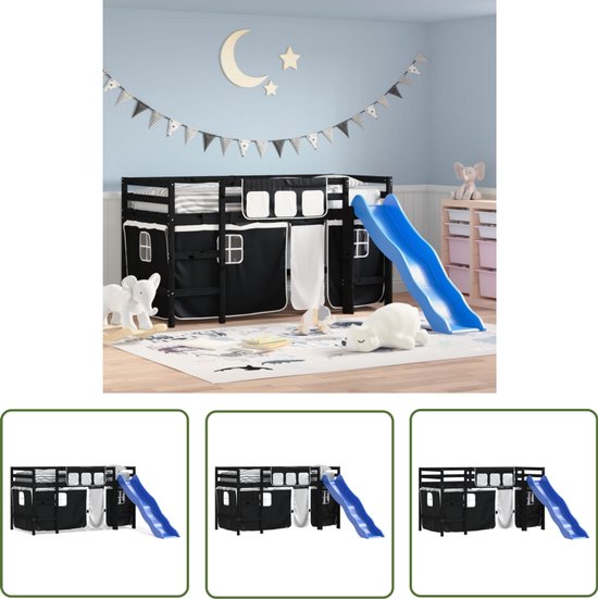 Kinderhoogslaper met glijbaan en gordijnen zwart Kinderhogeslaper ...