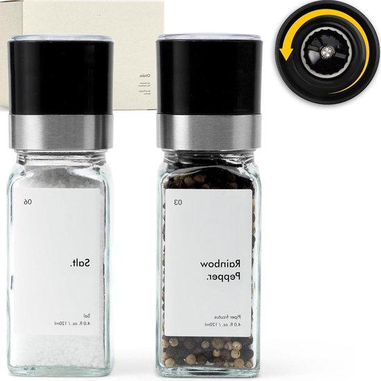 Set van 2 zout- en pepermolens met 8 waterdichte labels - verstelbaar ...