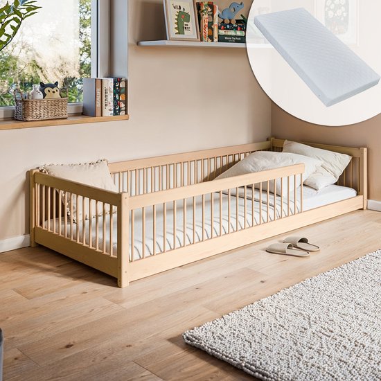 Kinderbed Vloerbed 90x200 cm Bed met matras, uitvalbescherming ...