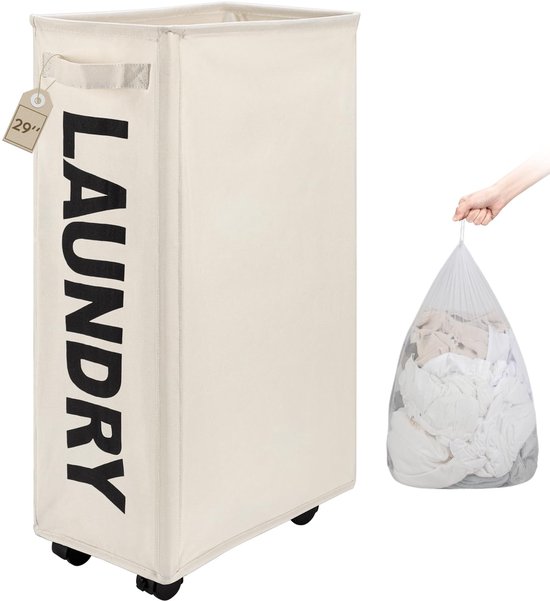 TOTANKI Grote wasmand, hoog en smal, opvouwbare mobiele wasmand met 4 wielen en... | bol