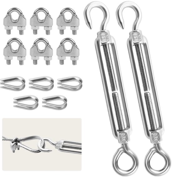 Titel: Roestvrij stalen spanslot set 2 stuks M6 + 5 kabelkousen + 6 kabelklemmen +... | bol