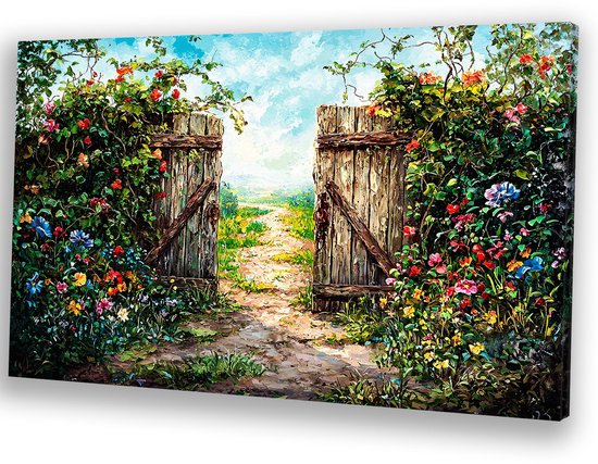 Sfeervolle tuinpoort met bloemen - Tuin canvas schilderij - Canvas schilderij poort -... | bol
