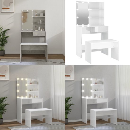 vidaXL Ensemble de coiffeuse avec LED en bois blanc brillant - Ensemble ...