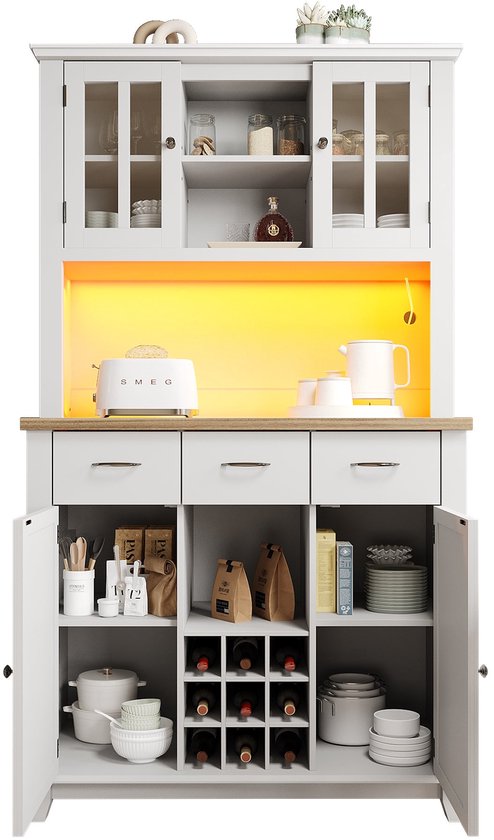 Merax Keukenkast met LED-verlichting – 179,5 cm Hoog – Buffetkast met ...