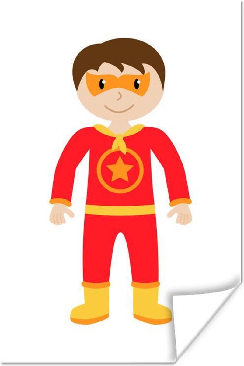 Poster Kinderillustratie van een superheld met een rood kostuum tegen ...