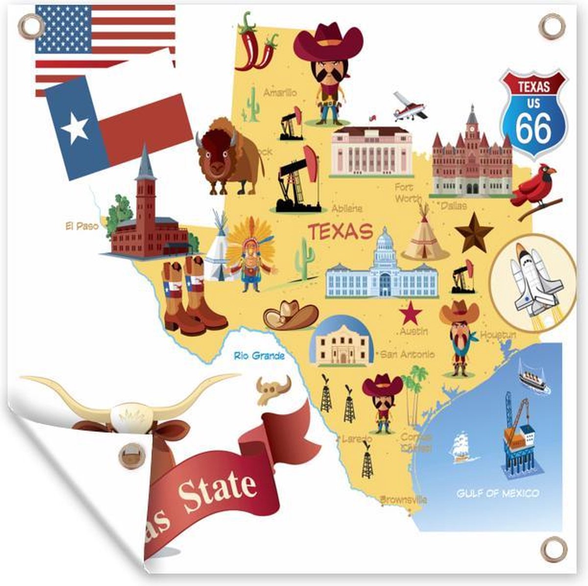 Tuin decoratie Een cartoontekening van een kaart van Texas - 40x30 cm ...