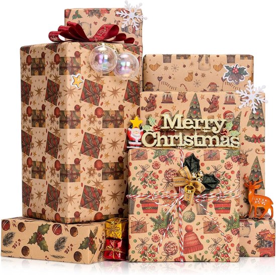 Christmas Wrapping Paper - 6 Sheets Vintage Kraft Paper - Brown Gift ...