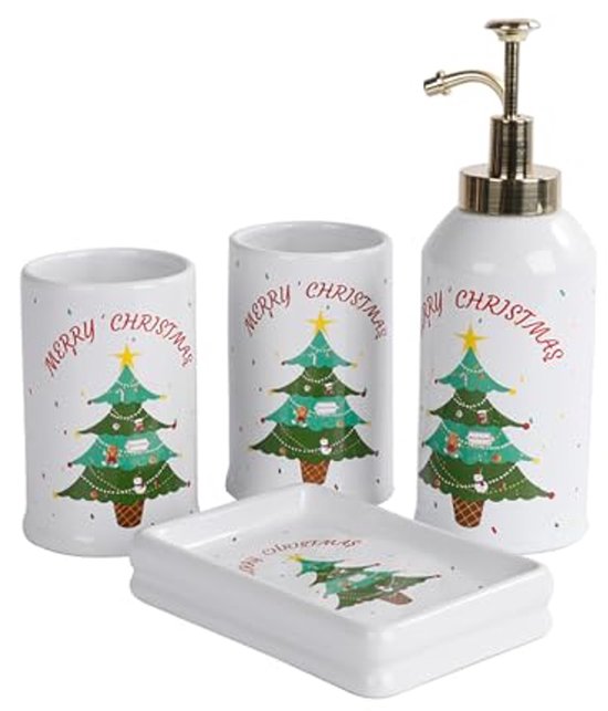 Kerst Badkamerset 4-delig - Zeepdispenser, Tandenborstelhouder, Beker ...