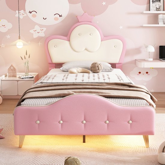 VVBV Gestoffeerd Kinderbed 90x200 cm - LED-Verlichting, Kroonhoofdbord ...