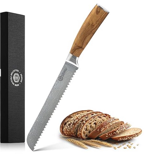 Damascus Broodmes van Roestvrij Staal met Olijfhouten Handvat en ...