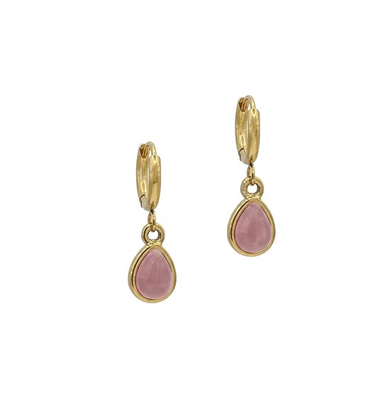 LOUIZ Oorbellen met Rozenkwarts Hangertje – Stainless Steel – 18K ...